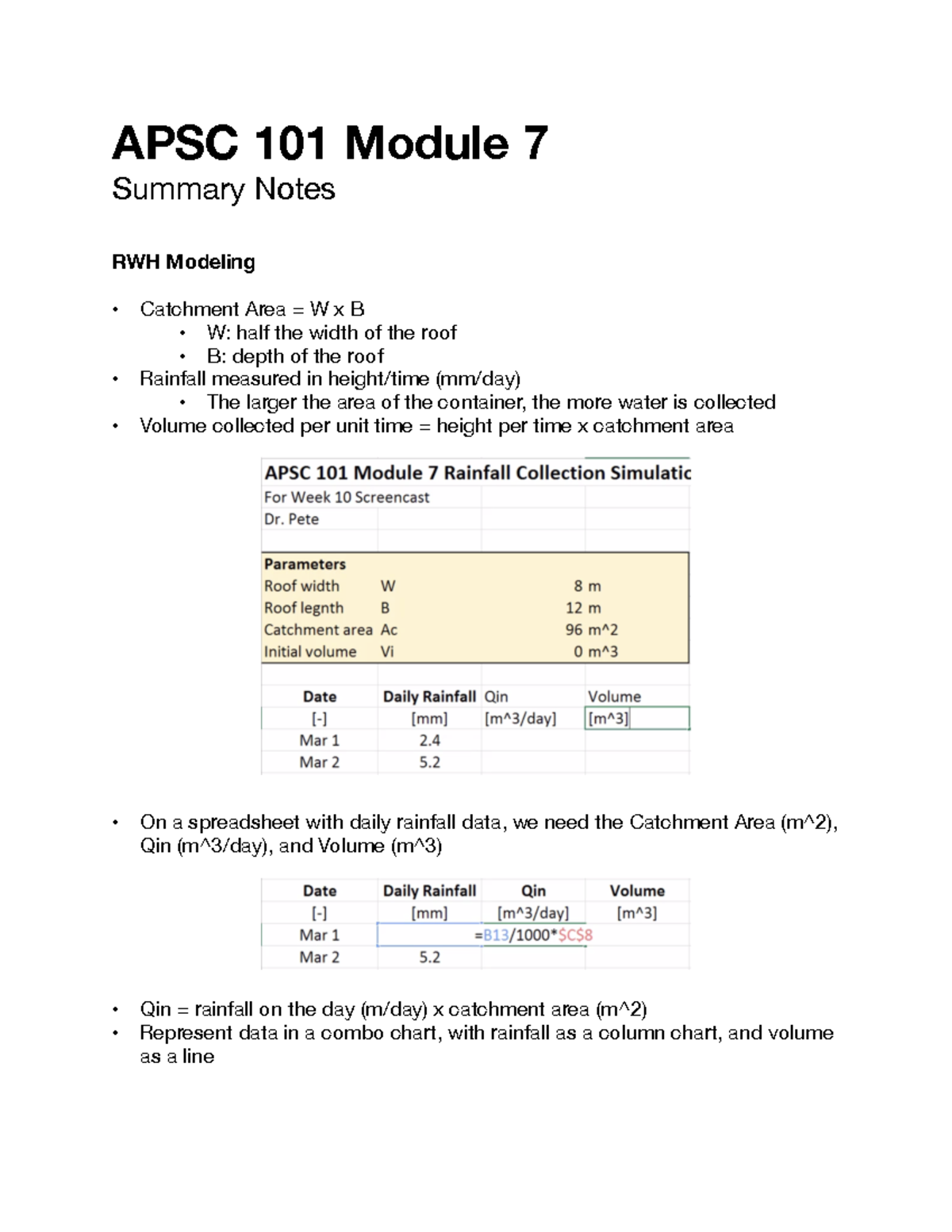 Module 7 Notes - APSC 101 Module 7 Summary Notes RWH Modeling ...