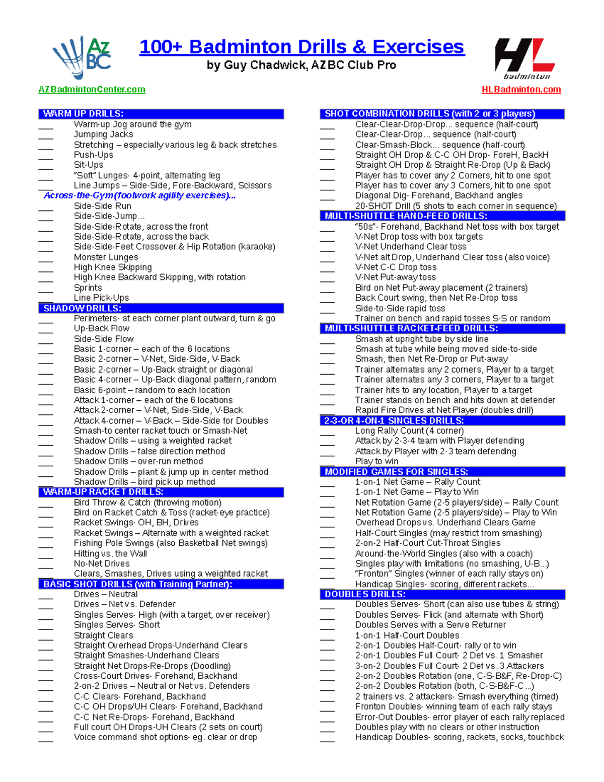 Badminton Drill List - 100+ Badminton Drills & Exercises by Guy ...