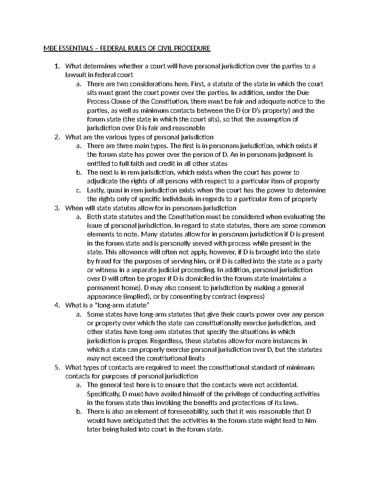 MBE Essentials Federal Rules OF Civil Procedure - MBE ESSENTIALS – FEDERAL RULES OF CIVIL ...