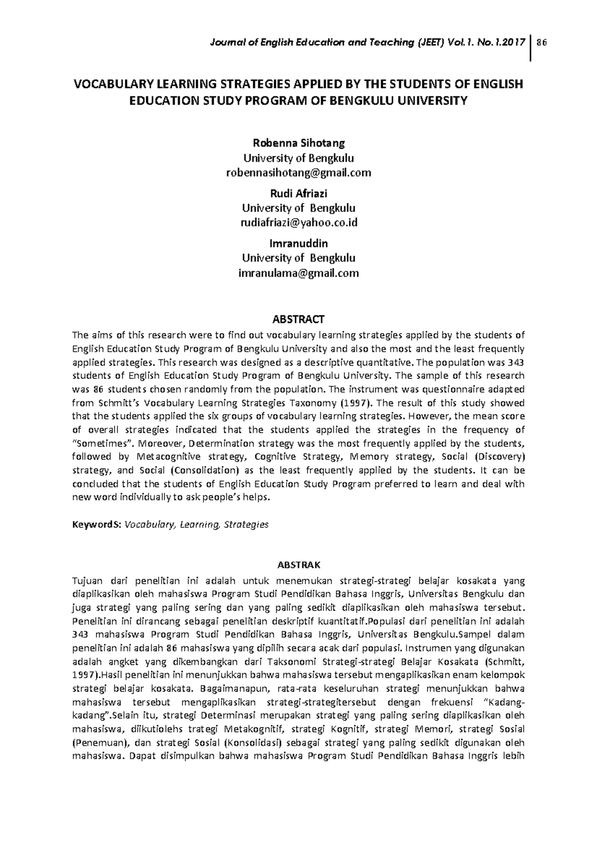 Vocabulary Learning Strategies Applied BY THE Students OF English ...