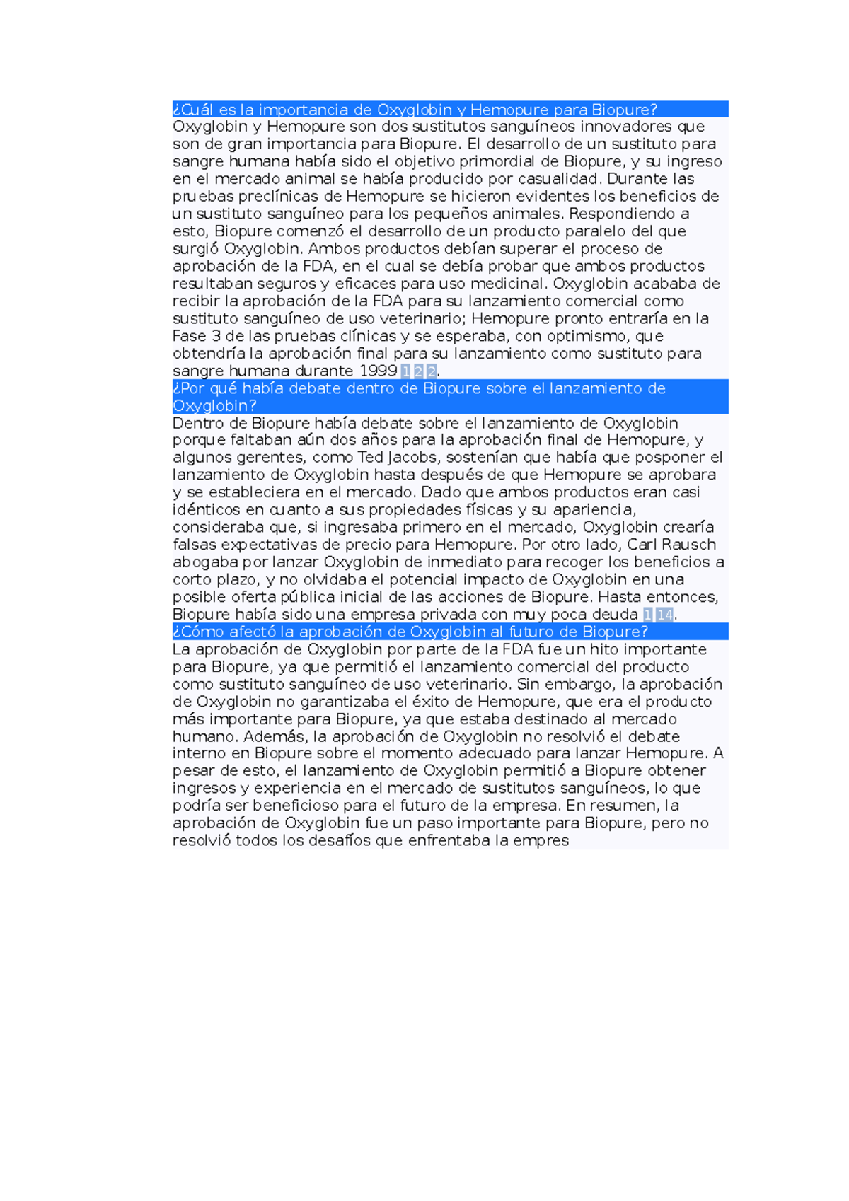 Caso havard Biopure resumen - ¿Cuál es la importancia de Oxyglobin y ...