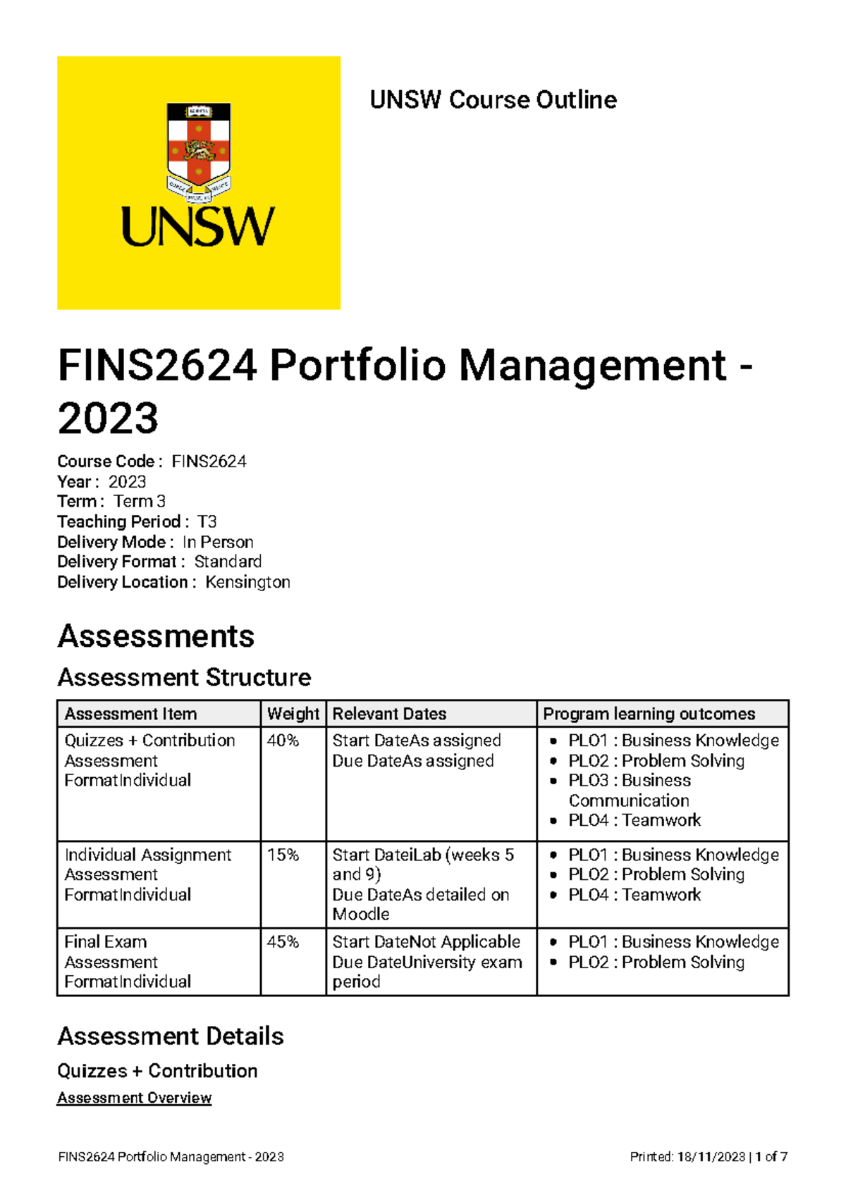 CO FINS2624 1 2023 Term 3 T3 In Person Standard Kensington - UNSW ...