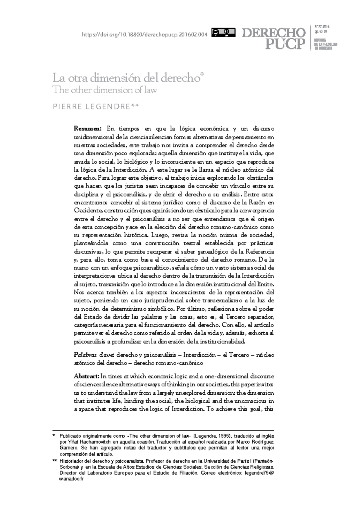 Pierre Legendre - N° 77, 2016 pp. 63- La otra dimensión del derecho The ...