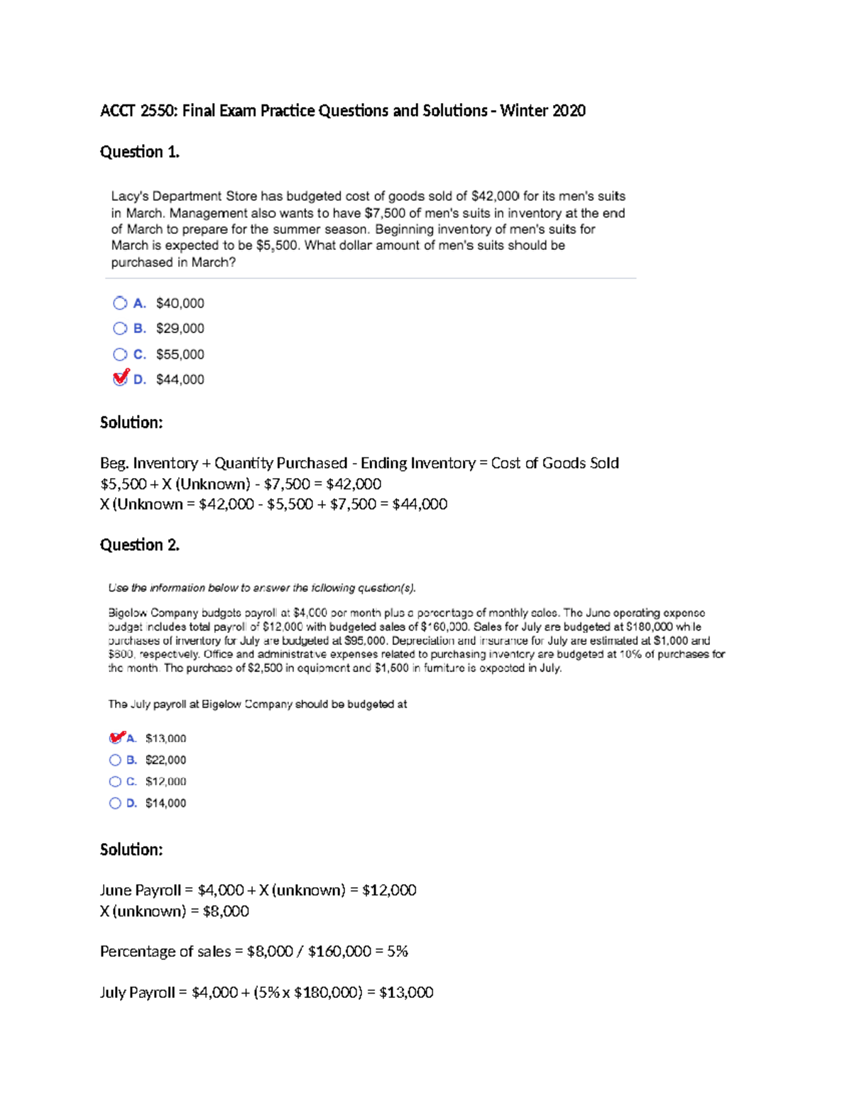W20 EXAM Practice Problem Solutions - ACCT 2550: Final Exam Practice ...