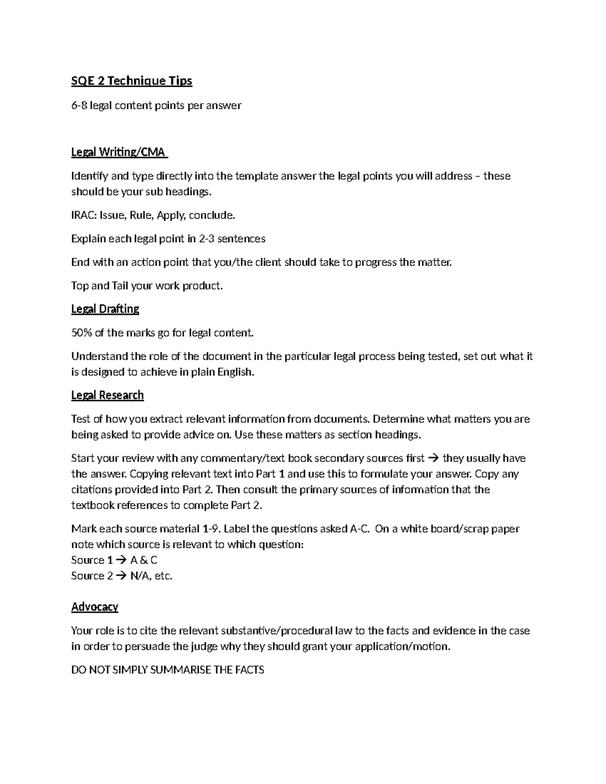 SQE 2 Technique Tips - Summary Solicitors Legal Skills - SQE 2 ...