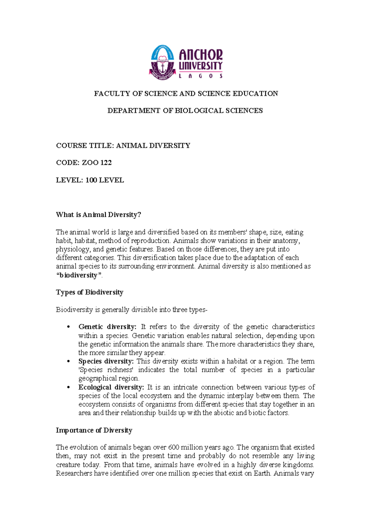 Animal Diversity notes - FACULTY OF SCIENCE AND SCIENCE EDUCATION ...