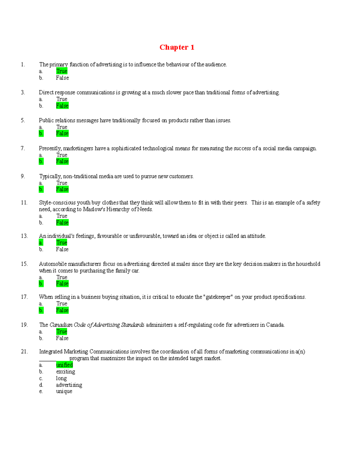 Integrated Marketing Self Test Answer Key - Chapter 1 The primary ...
