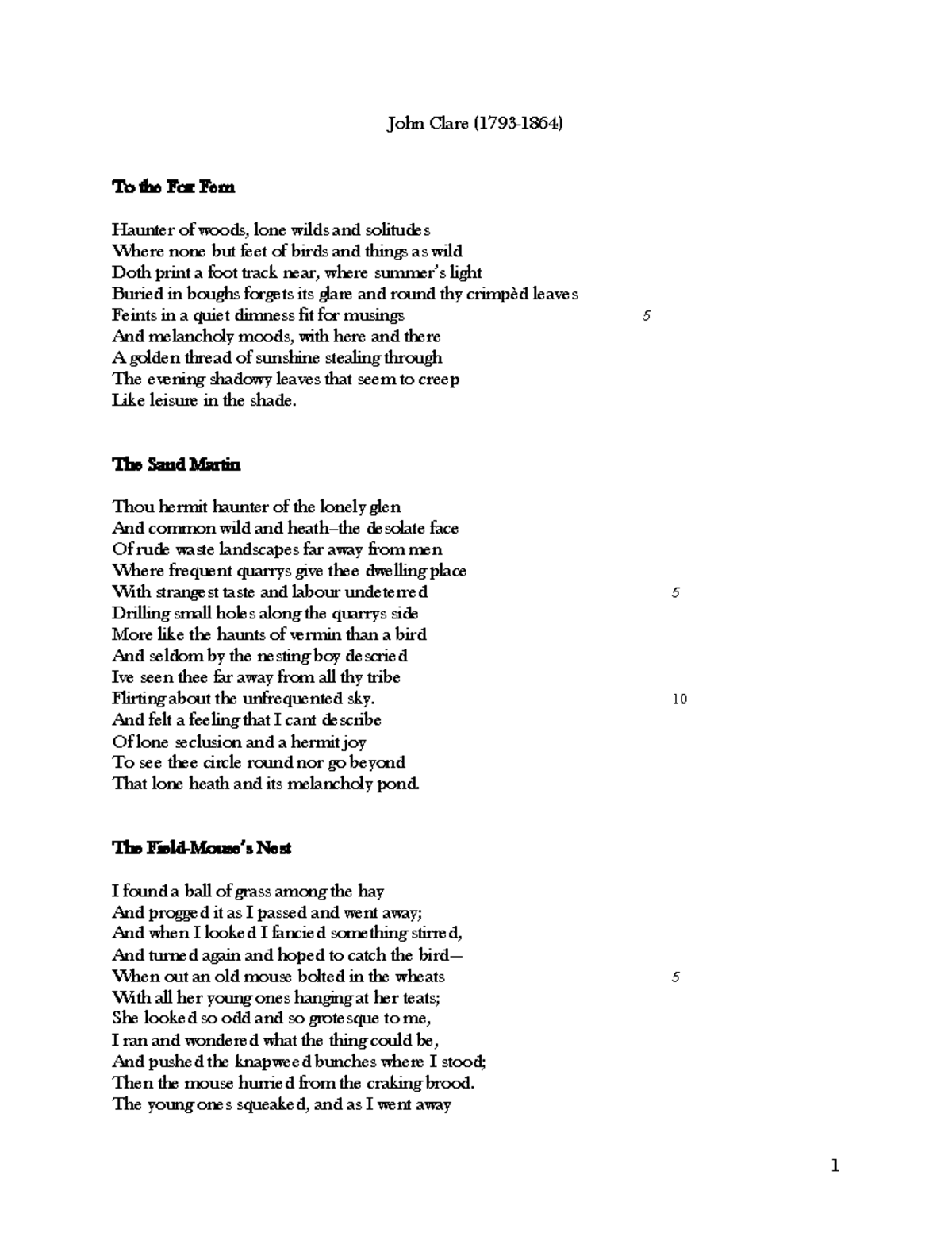 Clare poems - John Clare ( 1793 - 1864 ) To the Fox Fern Haunter of ...