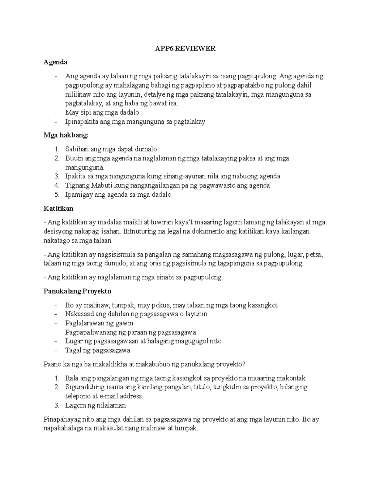 APP6- Reviewer - APP6 REVIEWER Agenda Ang agenda ay talaan ng mga ...
