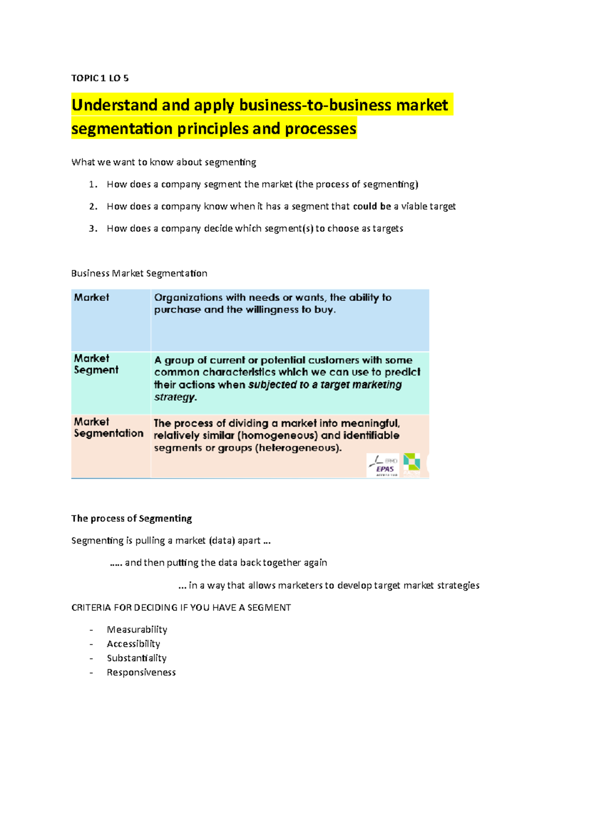 Study notes based on LO - TOPIC 1 LO 5 Understand and apply business-to ...