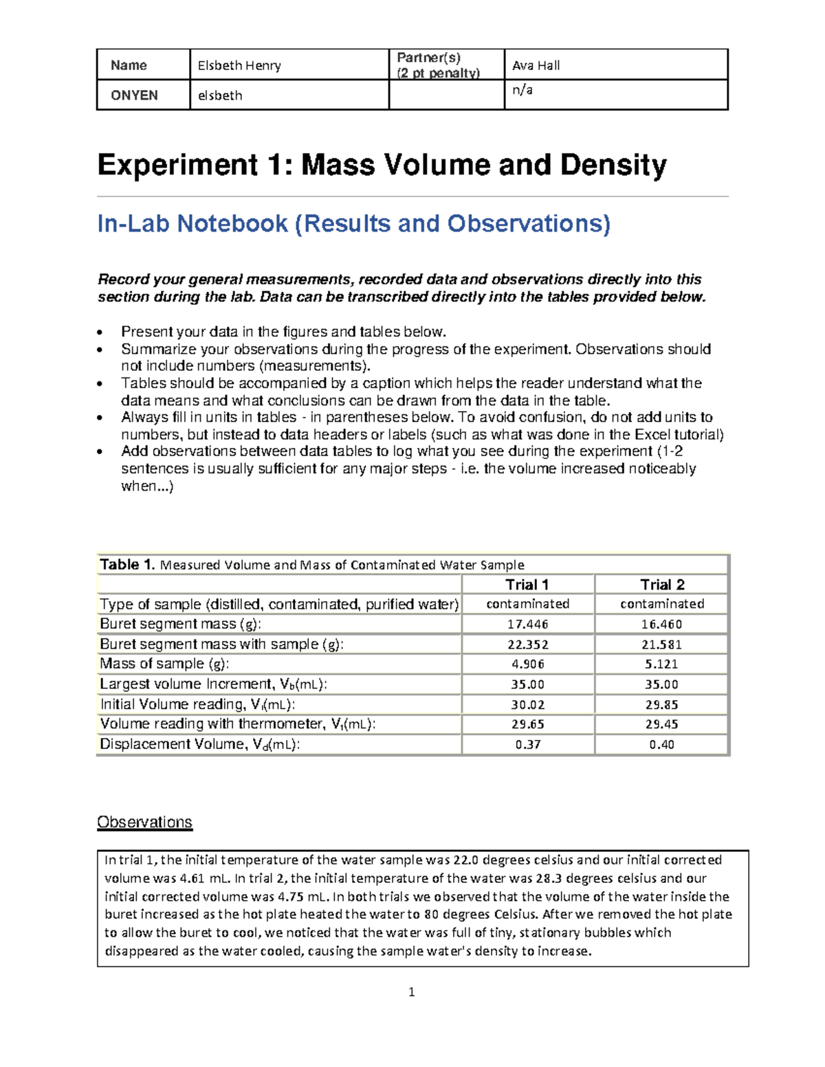 Experiment 1 in-lab - chem lab - 1 Name Elsbeth Henry Partner(s) (2 pt ...