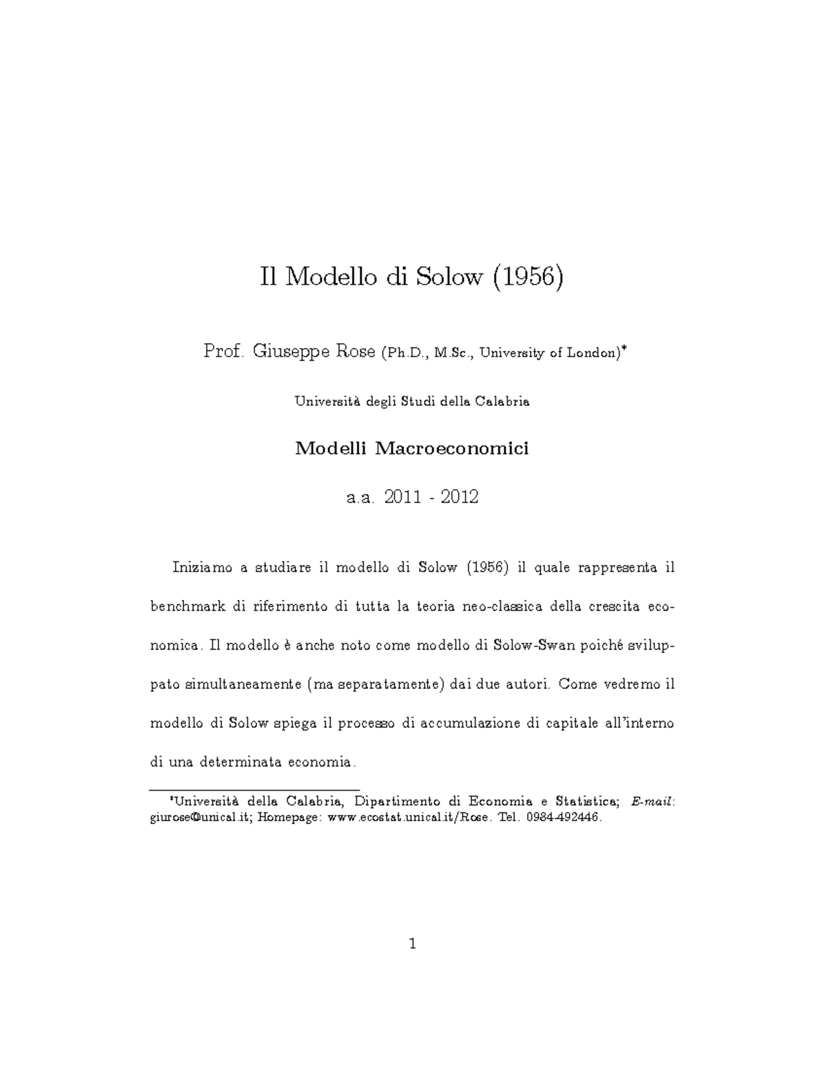 Solow model - Il Modello di Solow (1956) Prof. Giuseppe Rose (Ph., M ...