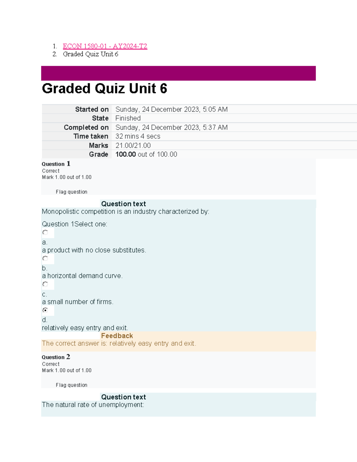 Graded Quiz 2 Week 6 ECON 1580 - 1. ECON 1580-01 - AY2024-T 2. Graded Quiz Unit 6 Graded Quiz ...