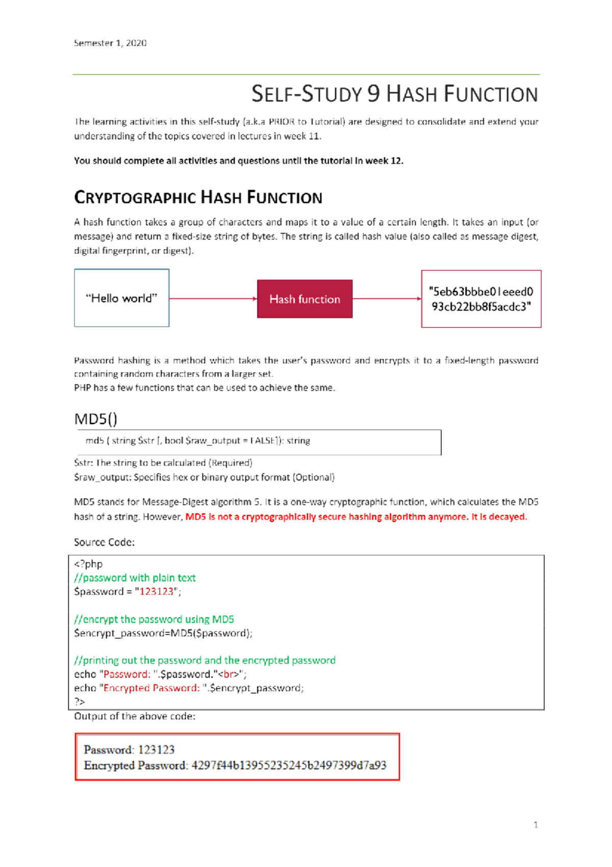 SS11 Hash Function - KIT502 Web Development - K7I - UTAS - Studocu