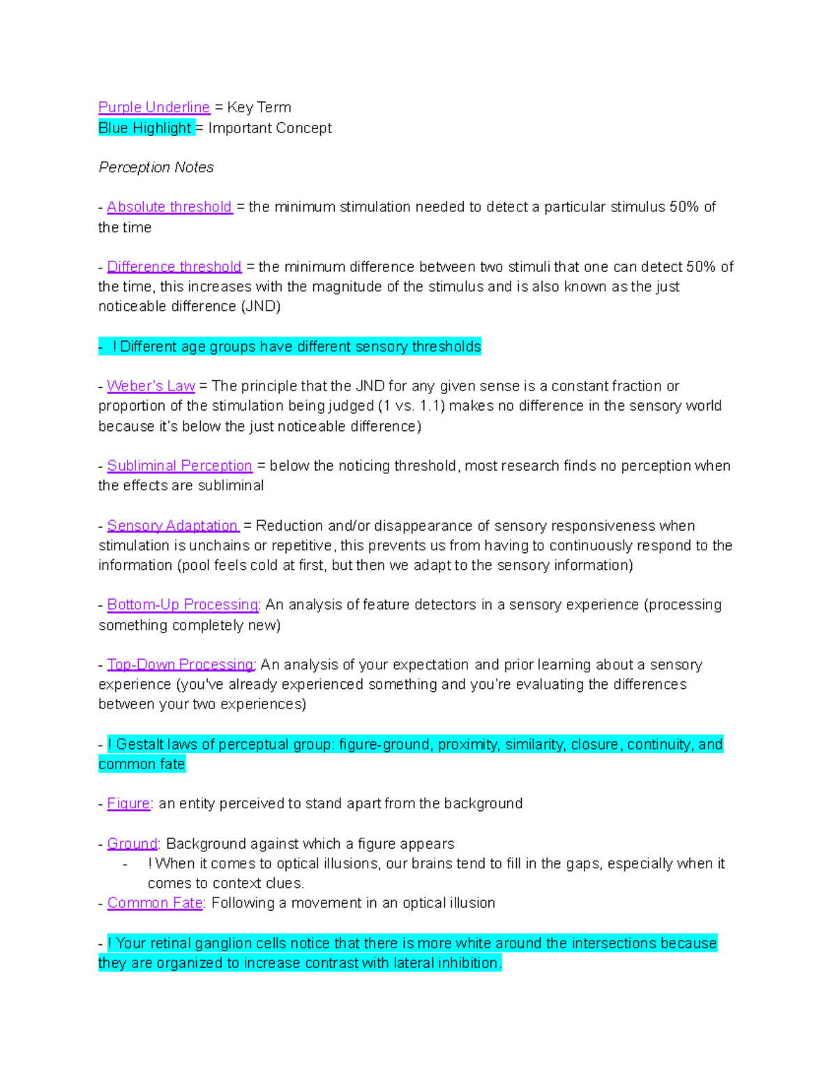 Perception notes - Purple Underline = Key Term Blue Highlight ...