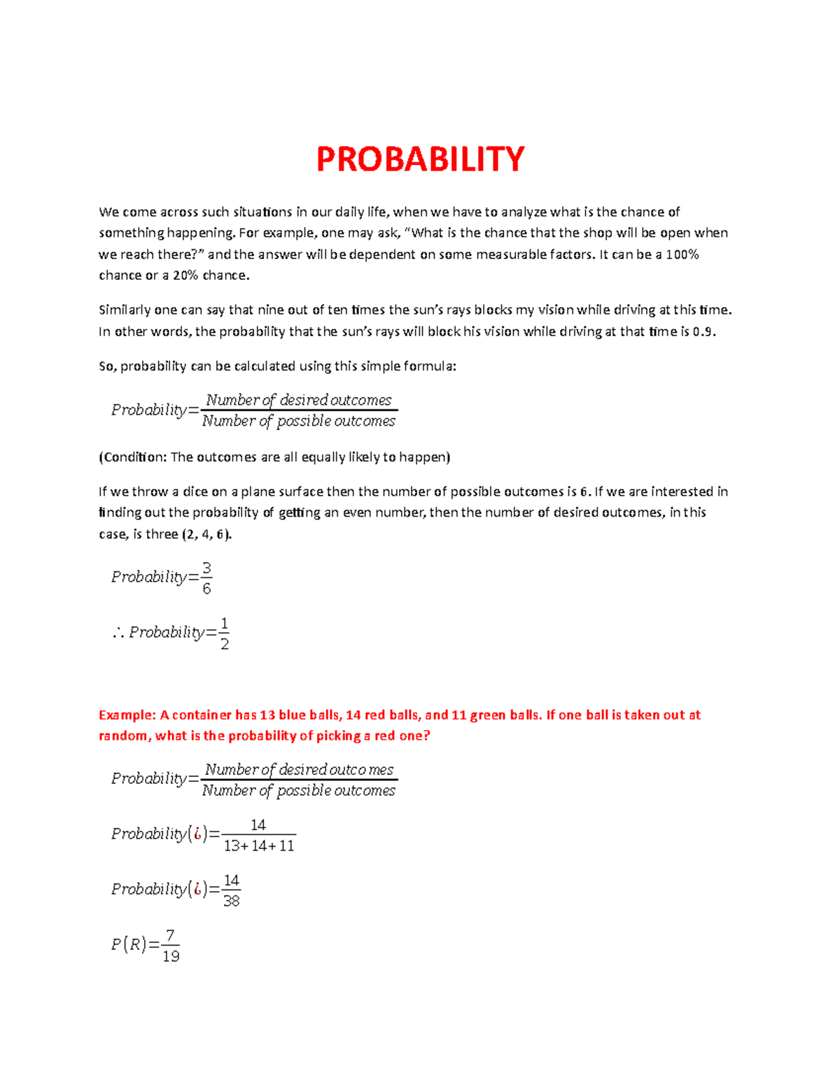 Probability - A valuable resource for entry tests. Students will start ...