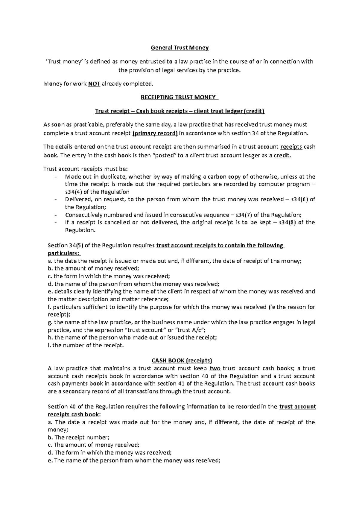 Rosies notes (cleaner version) - General Trust Money ‘Trust money’ is ...