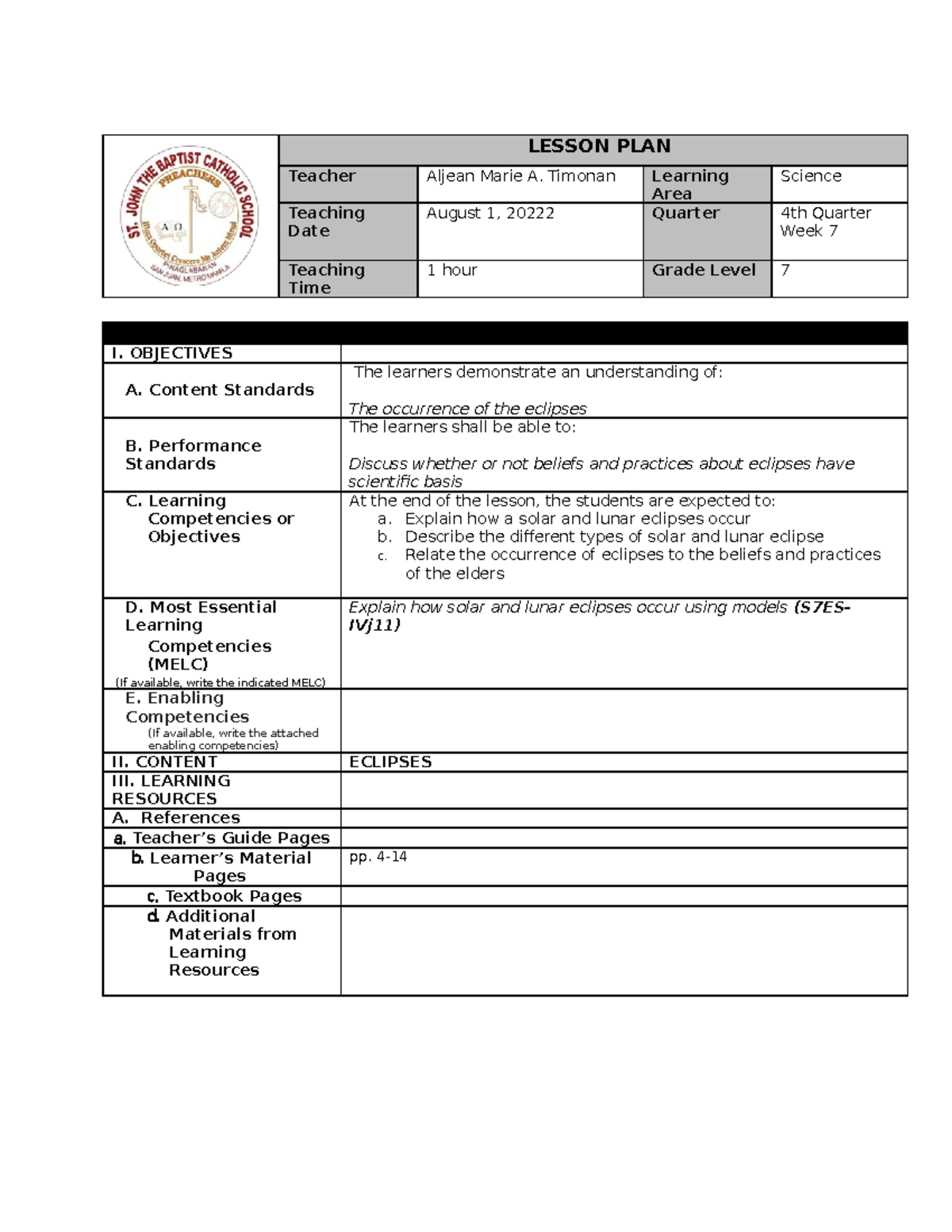 Revised Lesson PLAN Quarter 4 WEEK 7 Eclipses Timonan (Repaired ...