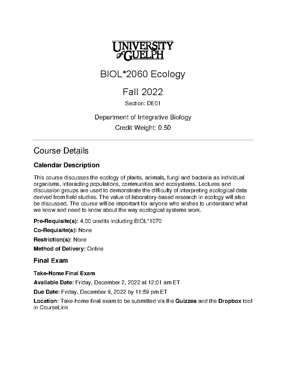 Outline BIOL2060 DE01 F22 final-2 - BIOL*2060 Ecology Fall 2022 Section ...