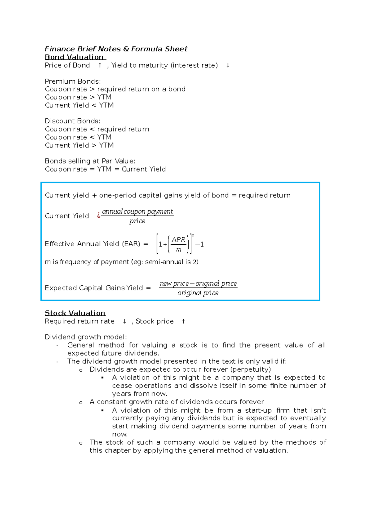 Finance Brief Notes and Formulas - Finance Brief Notes & Formula Sheet ...