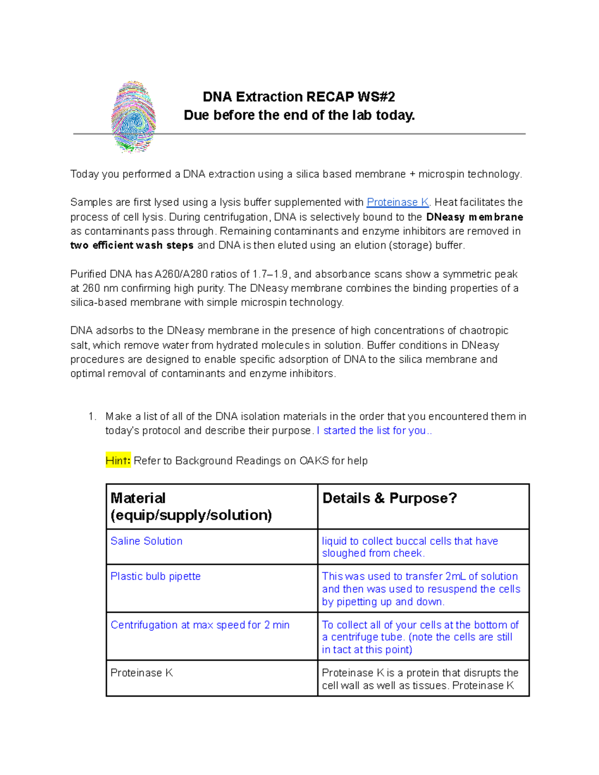 DNA Extraction Worksheet - DNA Extraction RECAP WS# Due before the end ...