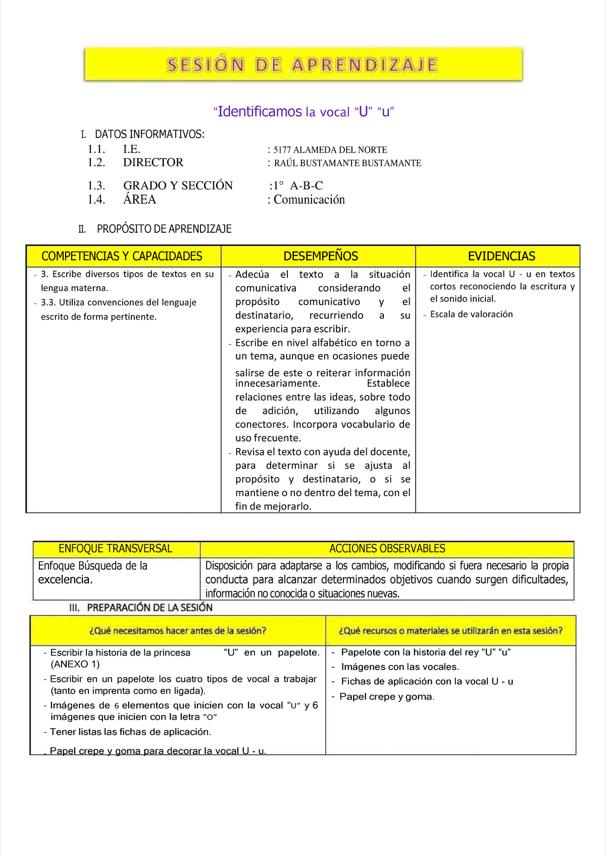 Sesión - Vocal U - Para el Primer grado. - “Identificamos la vocal “U ...