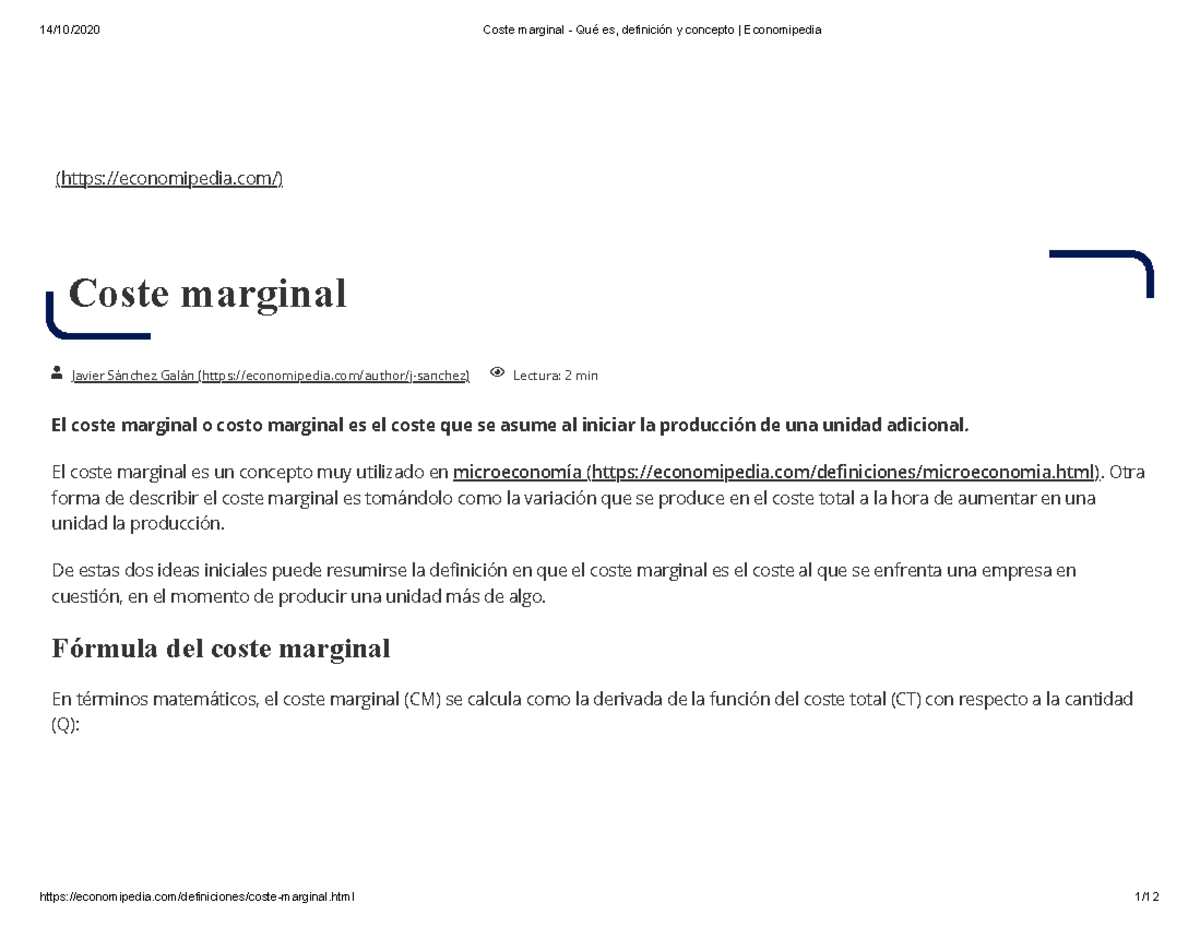 Coste marginal - Qué es, definición y concepto Economipedia - Javier ...