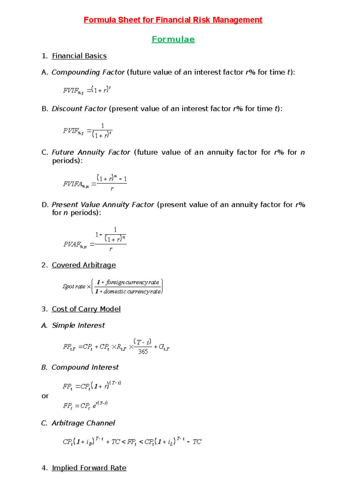 Financial Risk Management Formula - Formula Sheet for Financial Risk ...