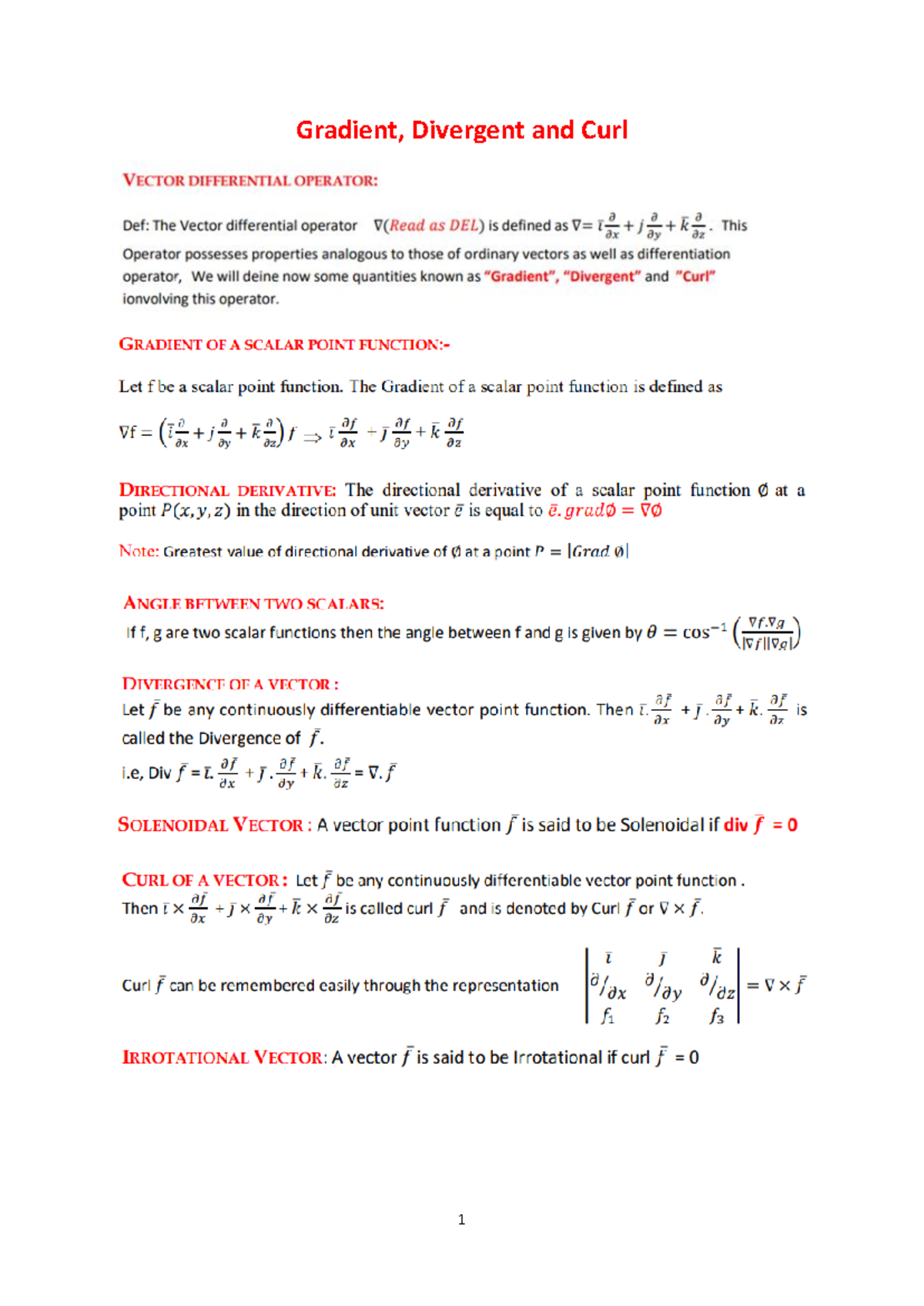 ICT - 2207 Gradient, Divergence and Curl - Vector Analysis - Gradient, Divergent and Curl - Studocu