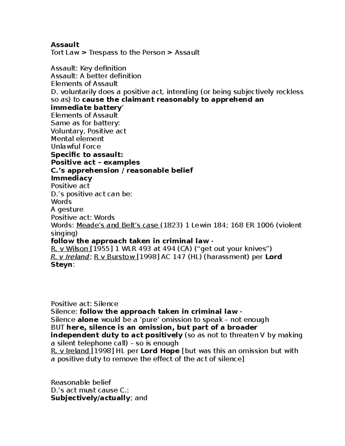 Assault - Lecture notes 1 - Assault Tort Law > Trespass to the Person ...