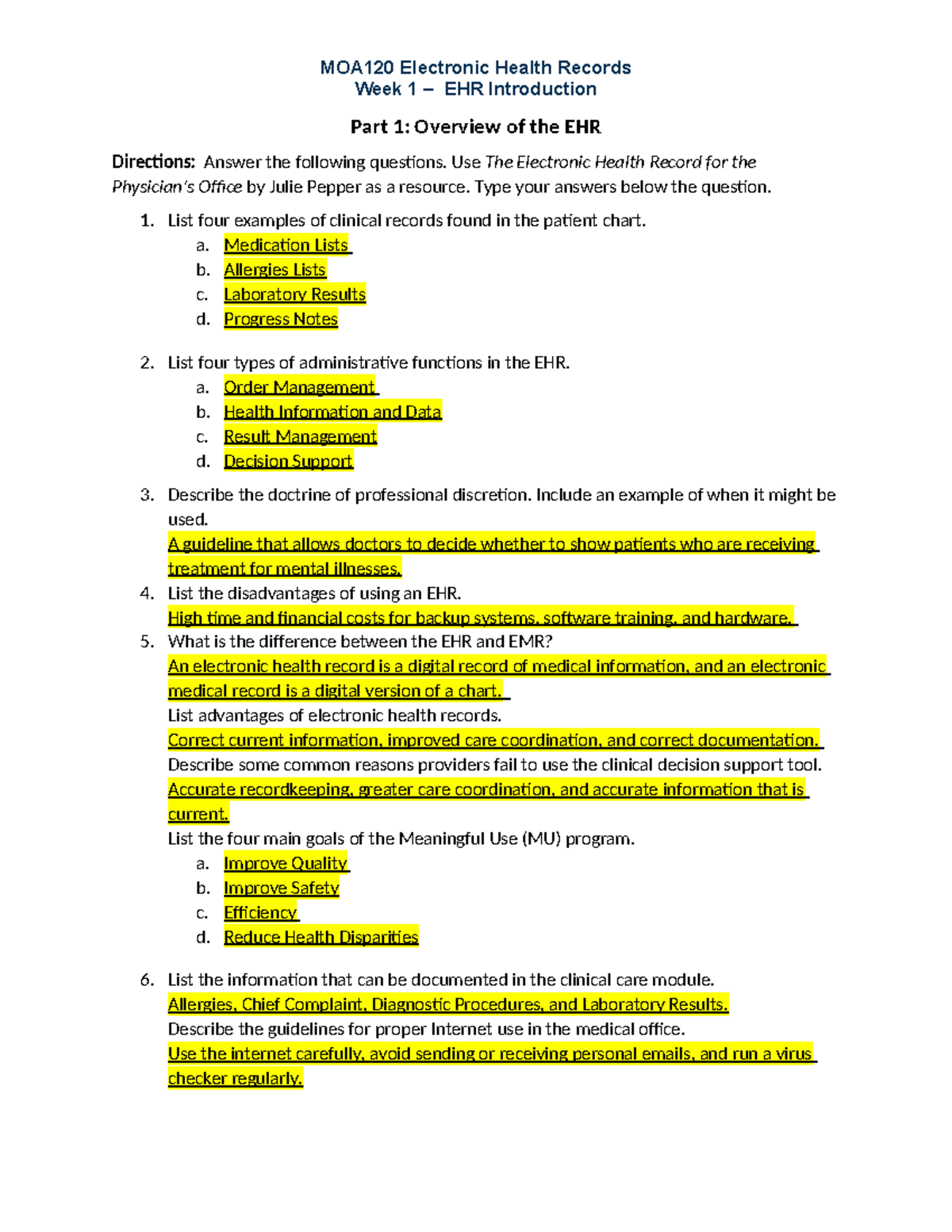 EHR Introduction - classwork - MOA120 Electronic Health Records Week 1 ...