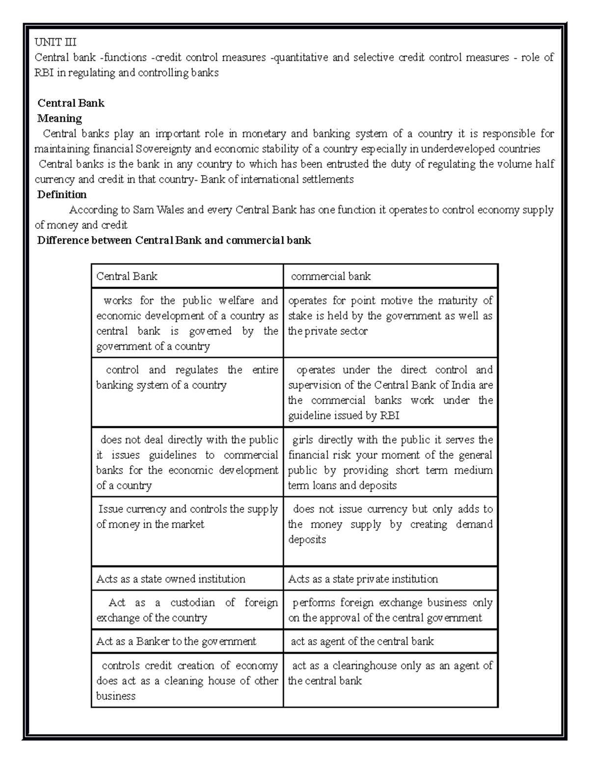 Banking Theory UNIT 3,4,5 - UNIT III Central bank -functions -credit ...
