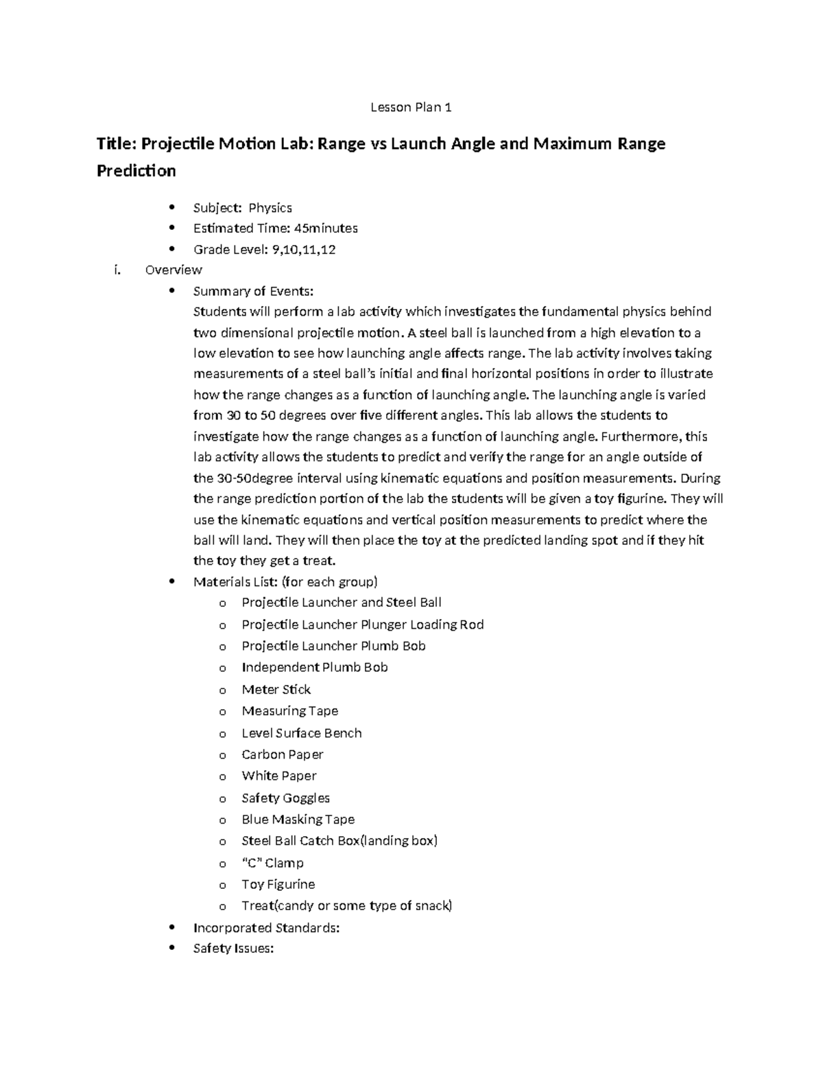 Projectile motion , launch anglelesson yost - Lesson Plan 1 Title ...