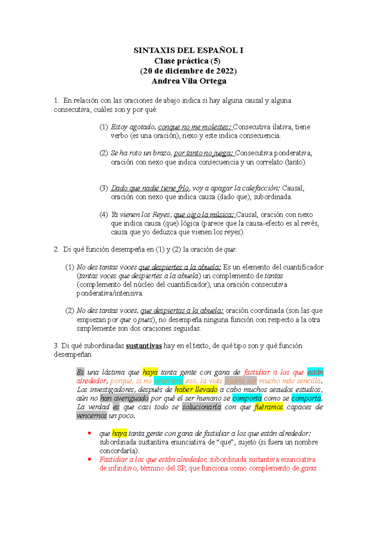 Práctica - Practica 5 sintaxis - SINTAXIS DEL ESPAÑOL I Clase práctica (5) (20 de diciembre de ...