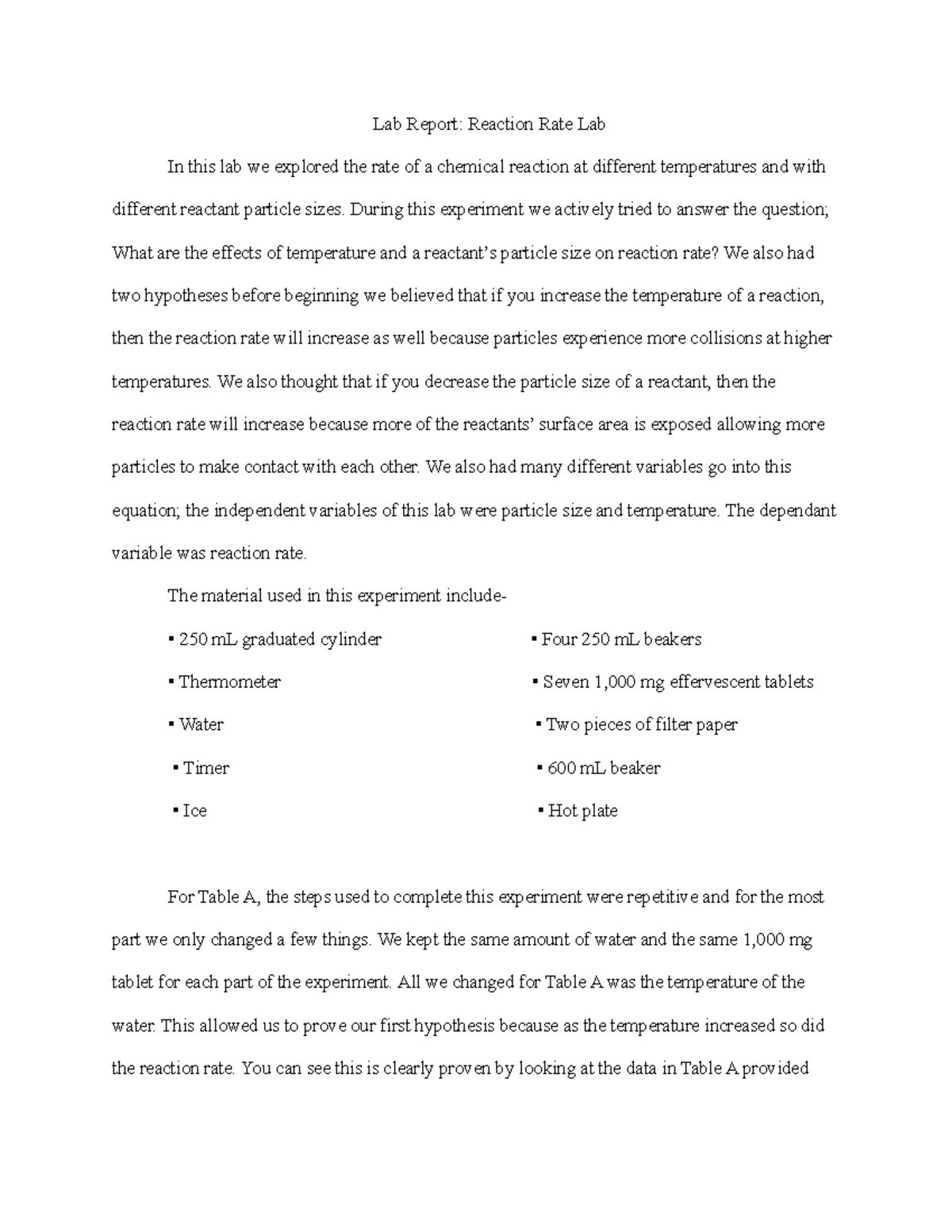 Lab Report Reaction Rate Lab - During this experiment we actively tried ...