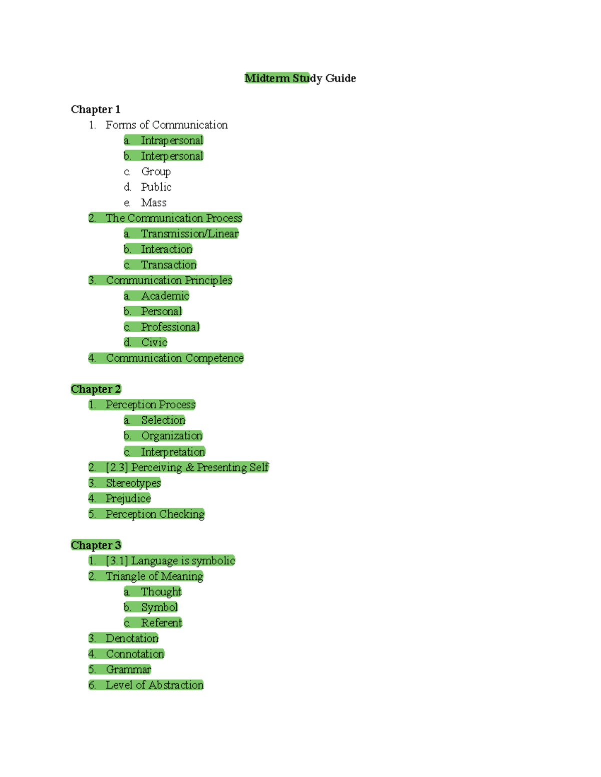 Midterm Study Guide - Midterm Study Guide Chapter 1 Forms of Communication a. Intrapersonal b ...