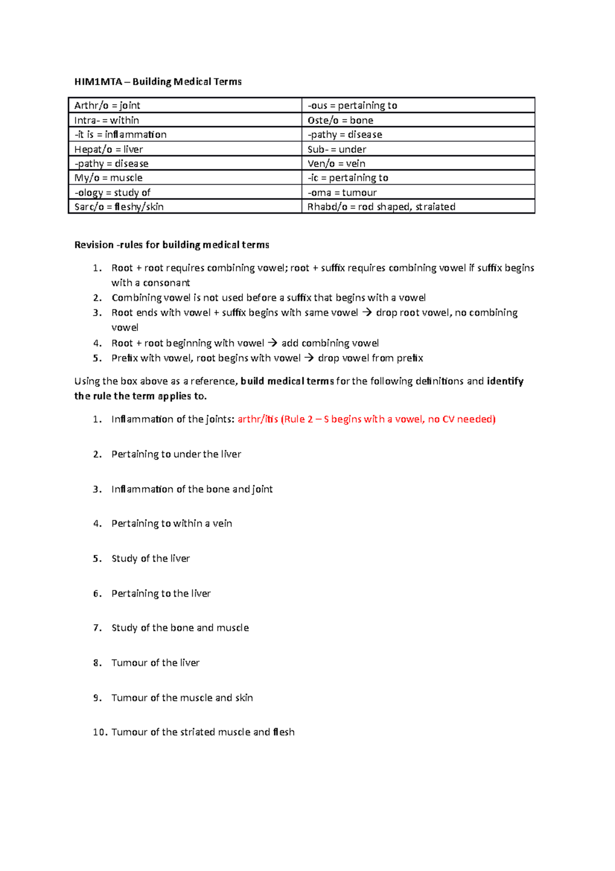 Activity 1 - Building Medical Terms Worksheet - Students - HIM1MTA ...