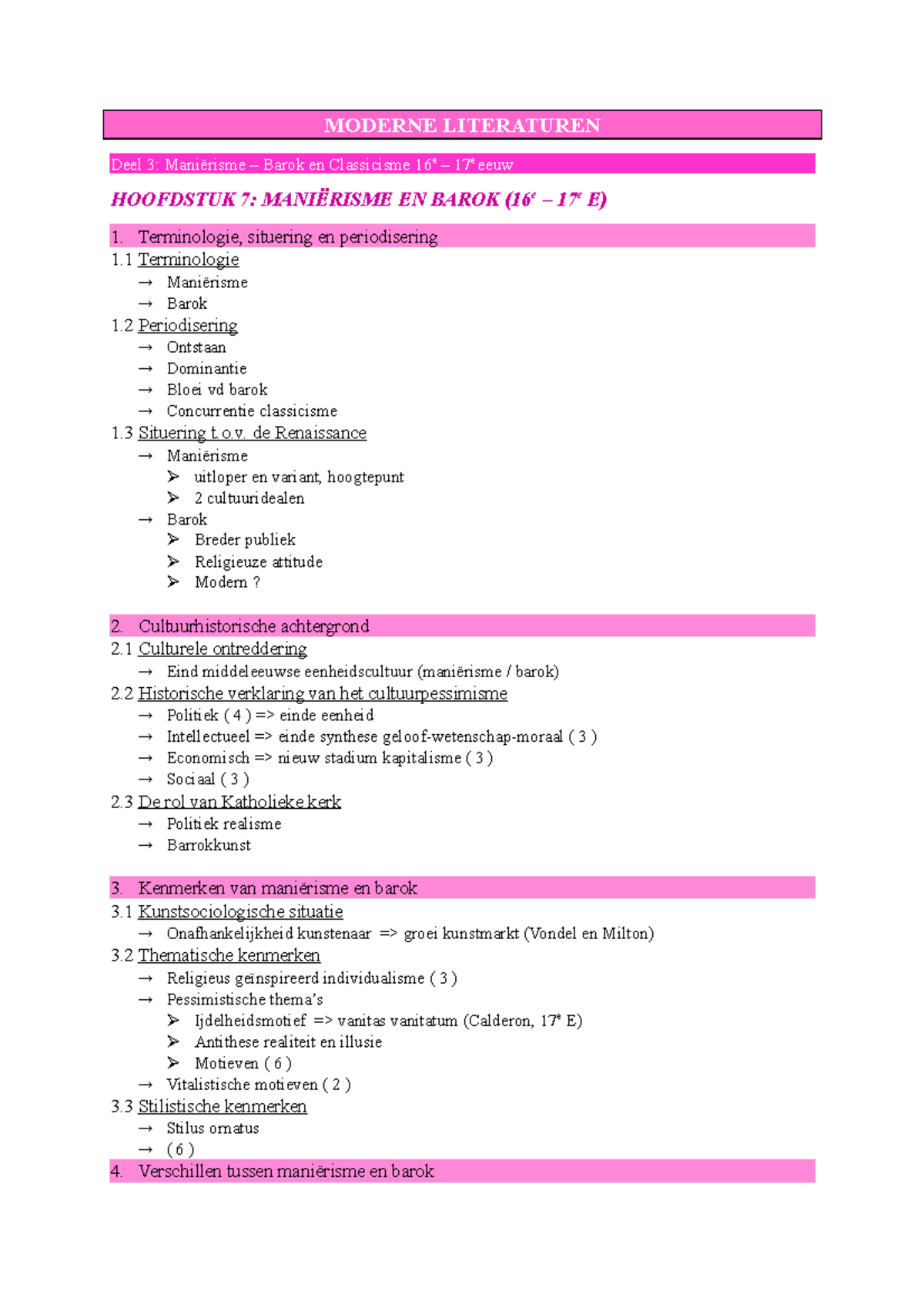 Schema's moderne literaturen - MODERNE LITERATUREN Deel 3: Maniërisme ...