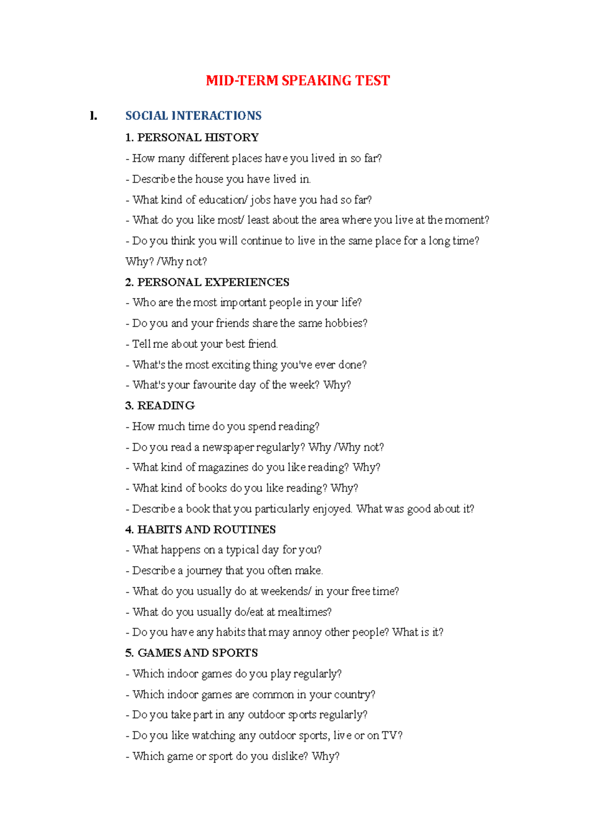 Mid-term speaking test TANC5 - MID-TERM SPEAKING TEST I. SOCIAL ...