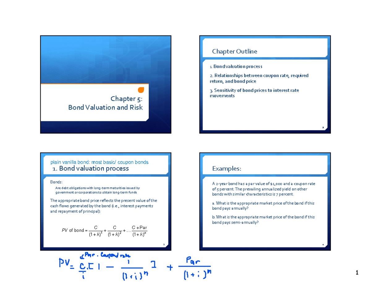 Chapter 5 - Bond valuation - Chapter 5: Bond Valuation and Risk 2 Chapter Outline 1. Bond ...