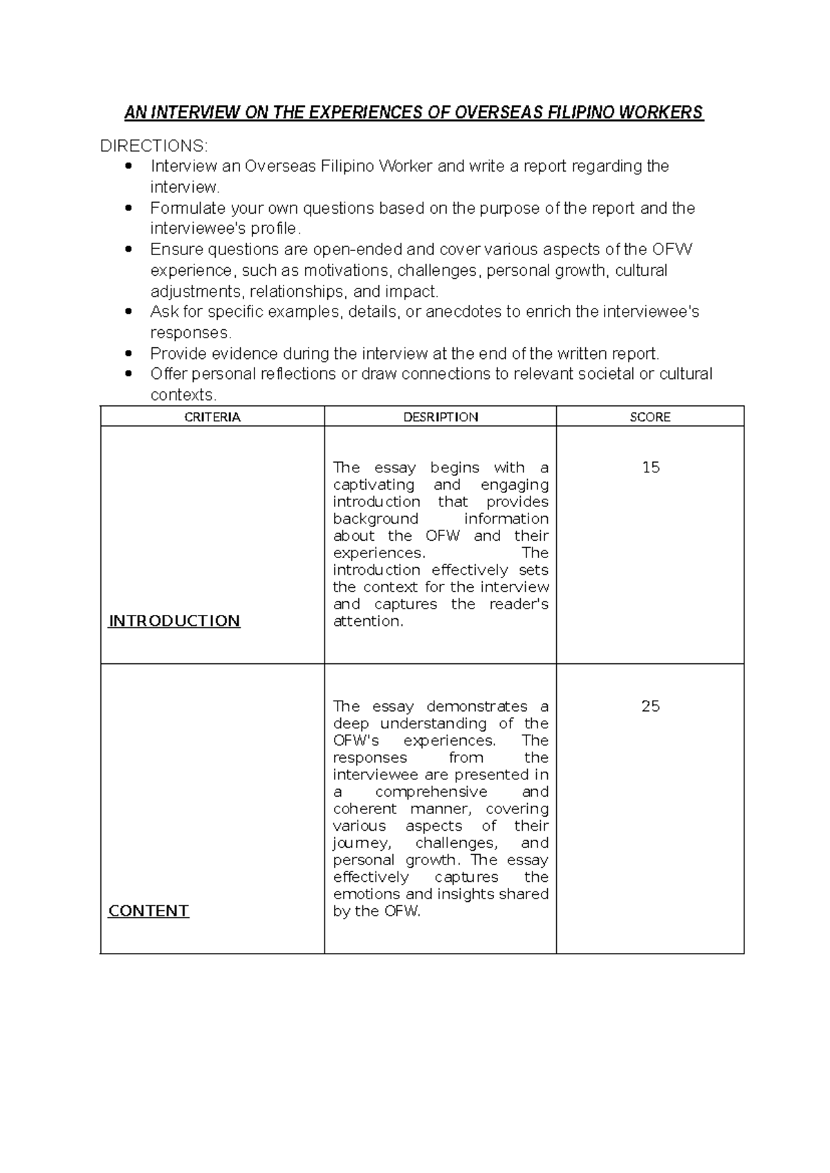 OFW-MCO - AN INTERVIEW ON THE EXPERIENCES OF OVERSEAS FILIPINO WORKERS ...