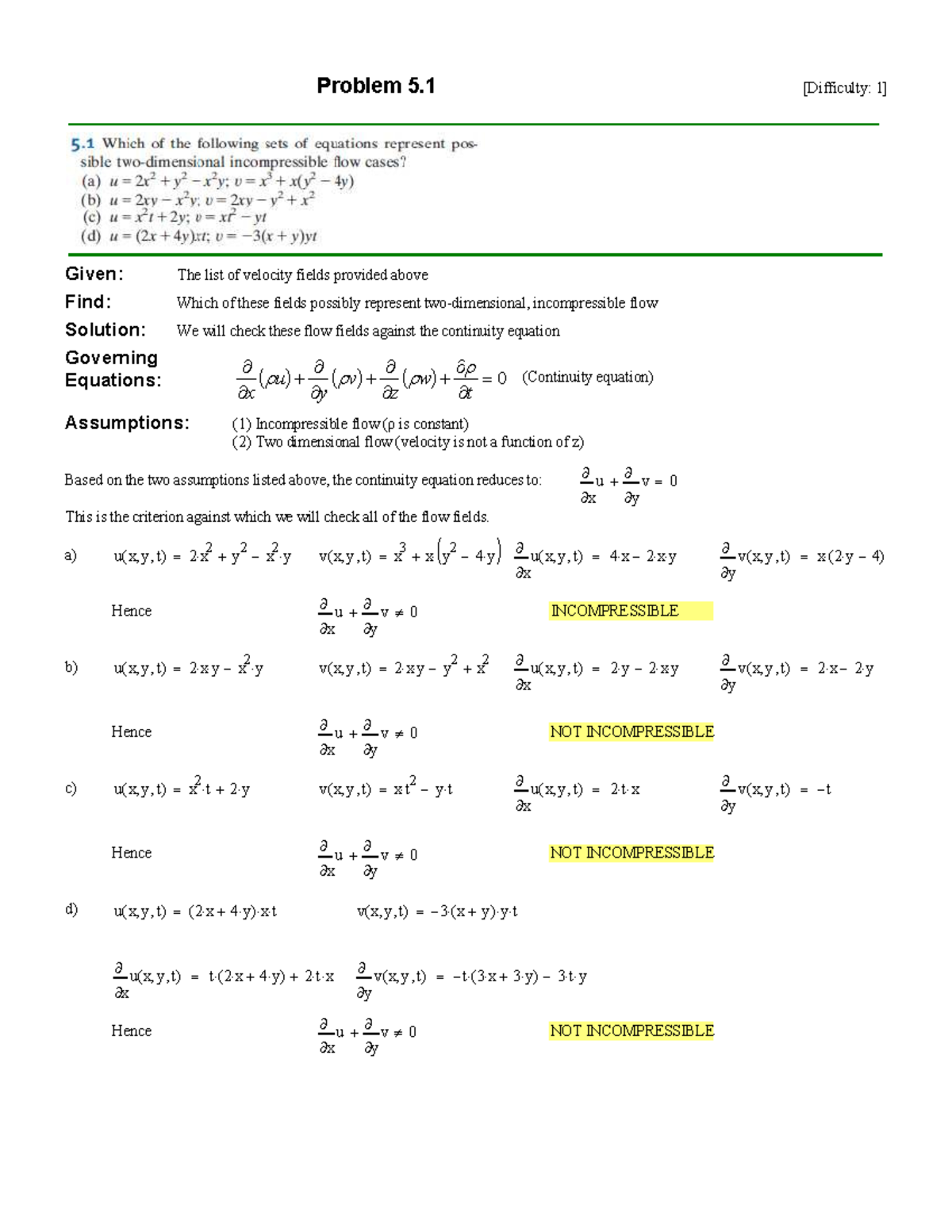 5. Introduction TO Differential Analysis OF Fluid Motion - Given: The list of velocity fields ...