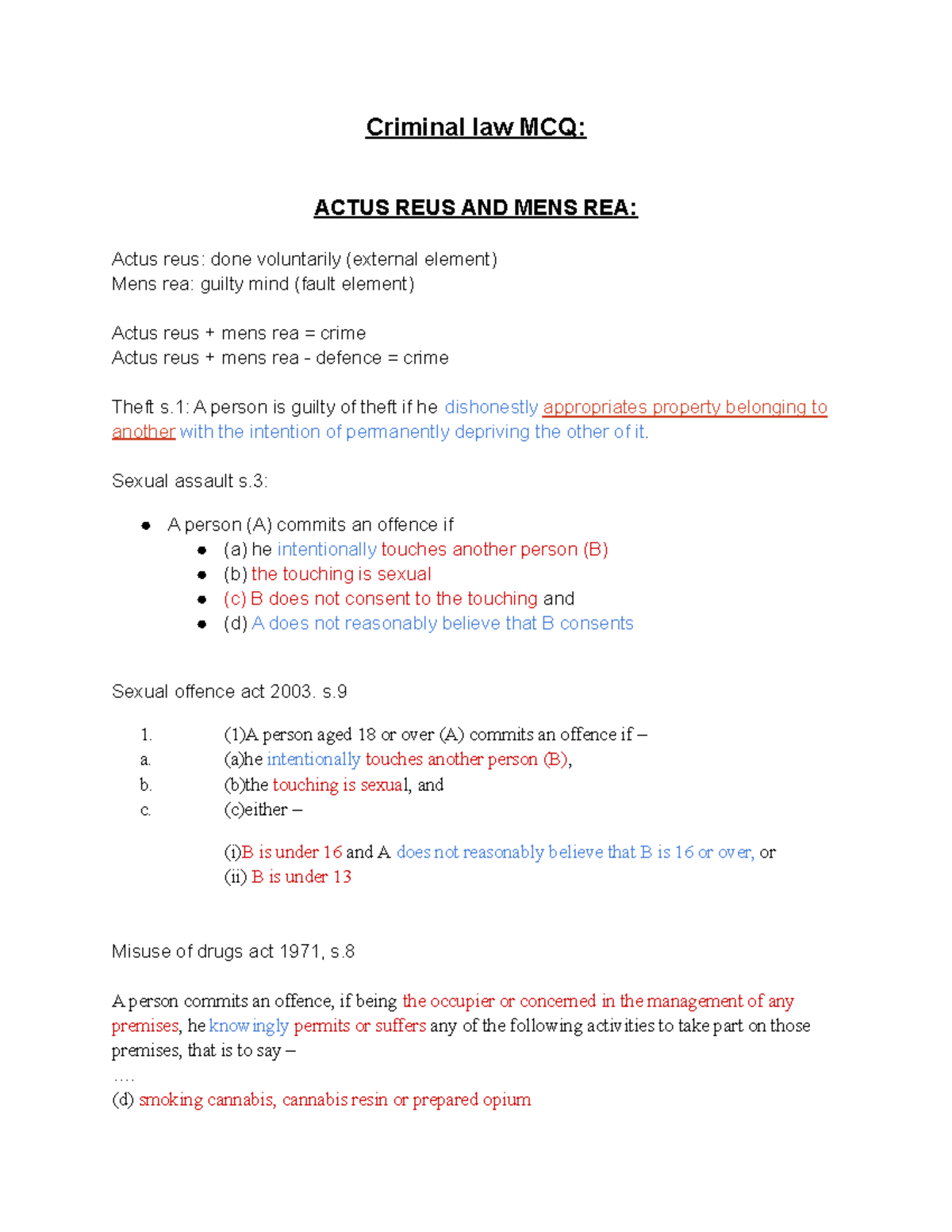 Criminal Law Revision - Criminal law MCQ: ACTUS REUS AND MENS REA ...