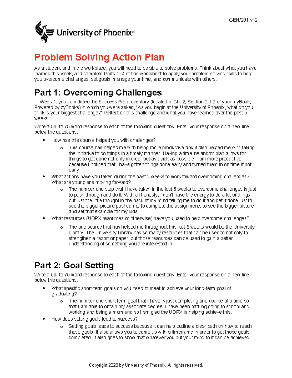 W5 Summative Assessment - GEN/201 v Problem Solving Action Plan As a ...