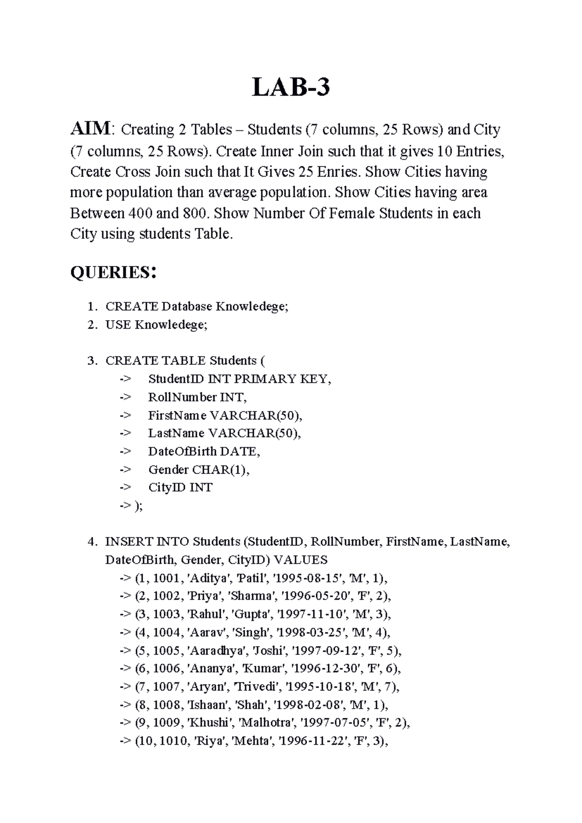LAB 3 - LAB- AIM: Creating 2 Tables – Students (7 columns, 25 Rows) and ...