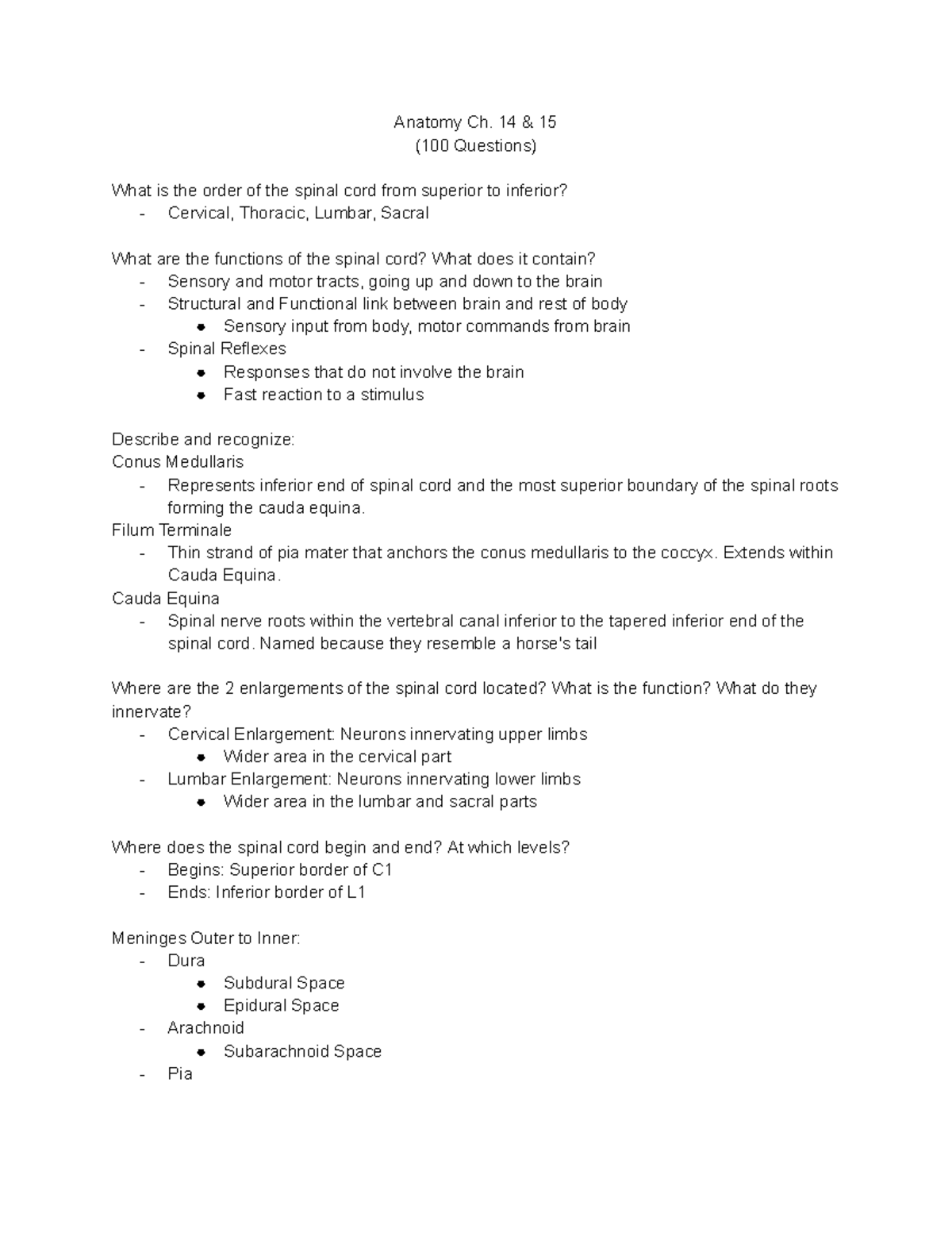 Anatomy Ch 14 15 Review - everything important to know for the test ...