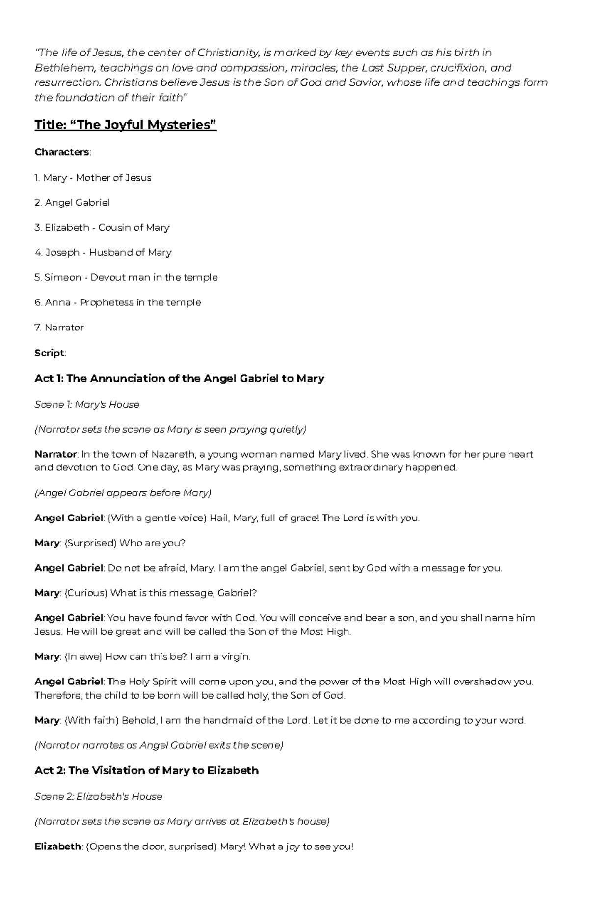 Scripture Roleplay Script - “The life of Jesus, the center of ...