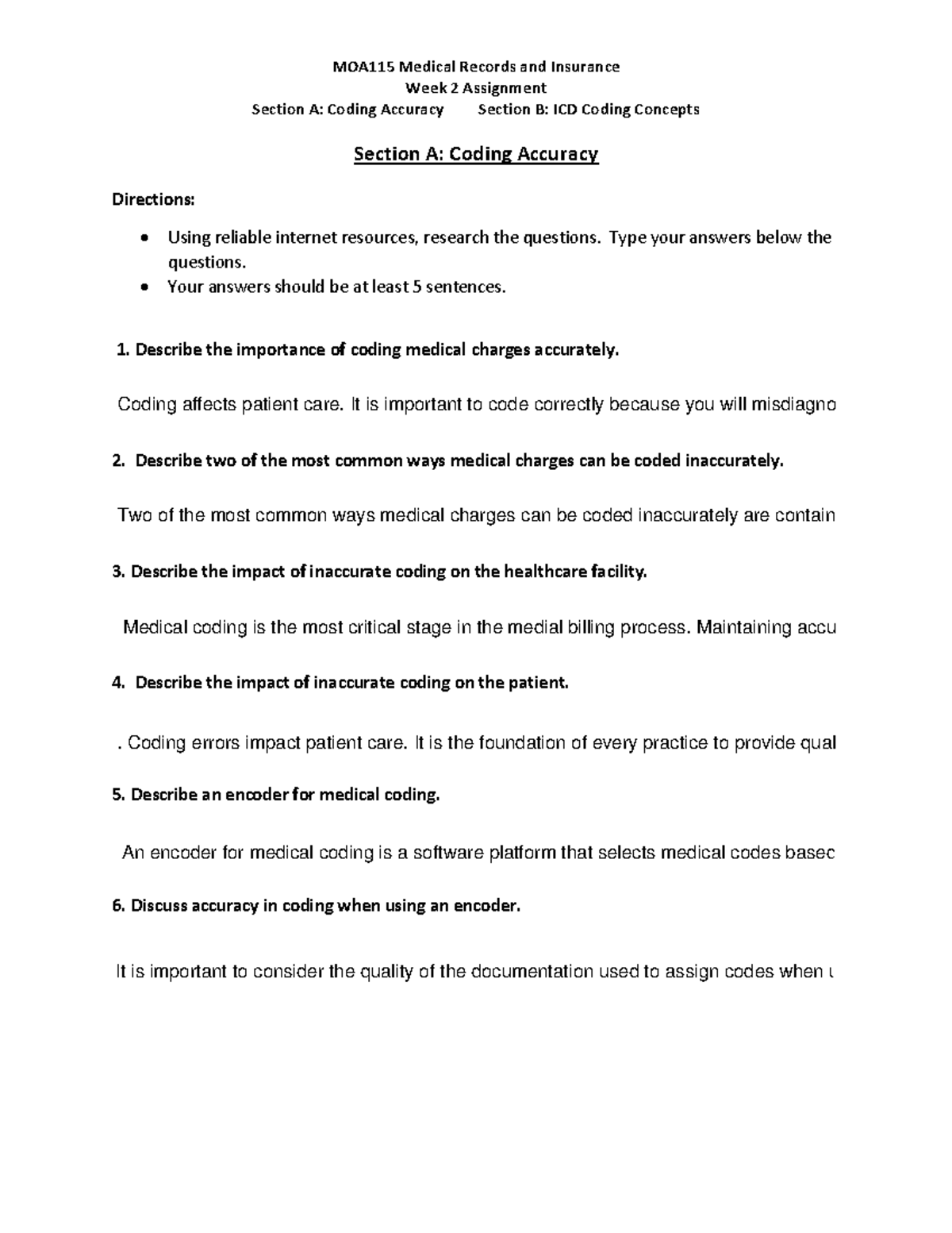 Week 2 Assignment Worksheet (1) DONE - MOA115 Medical Records and ...