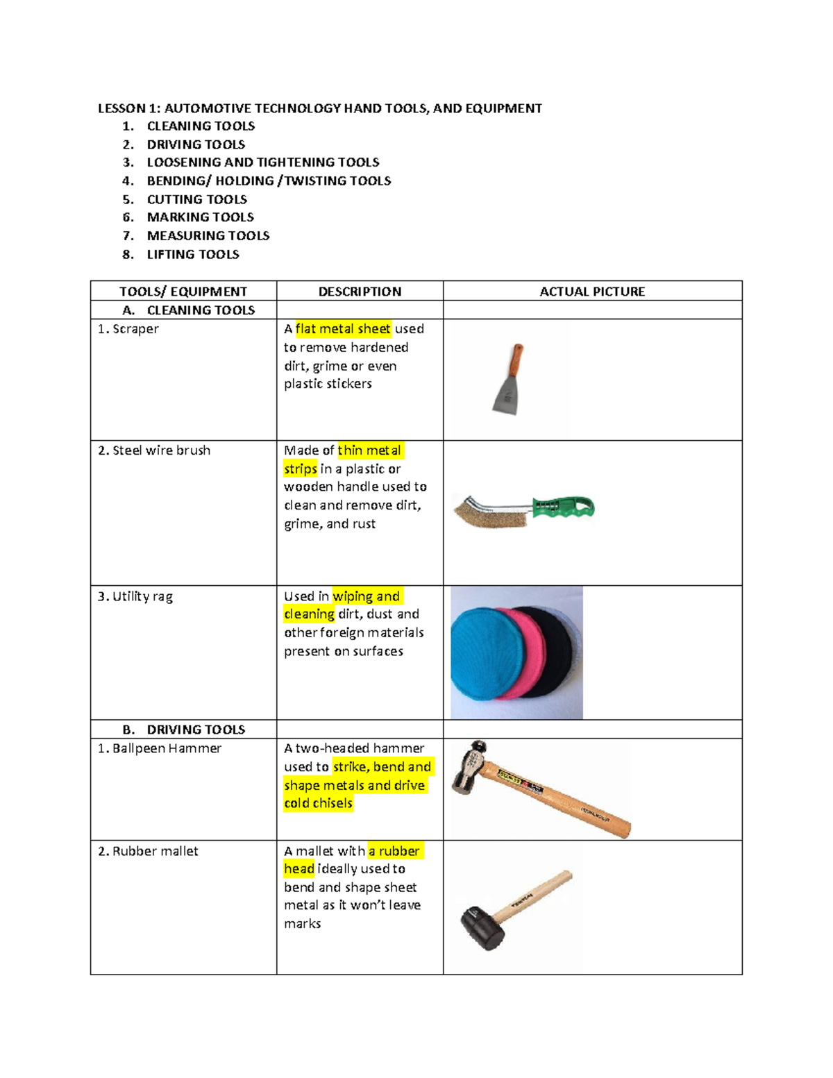 Lesson 1 automotive technology hand tools and equipment - LESSON 1 ...