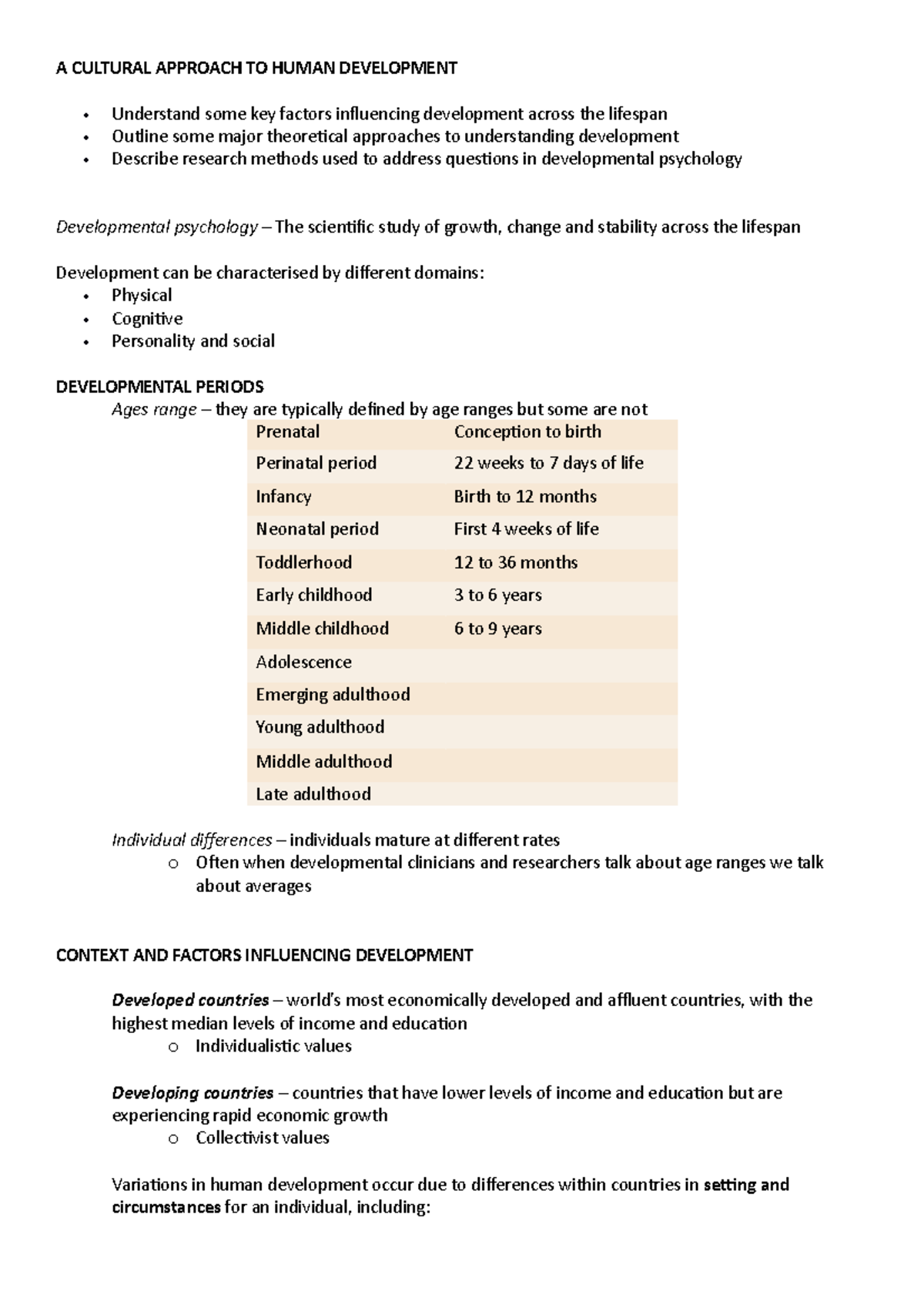 lecture notes week 1 - A CULTURAL APPROACH TO HUMAN DEVELOPMENT ...